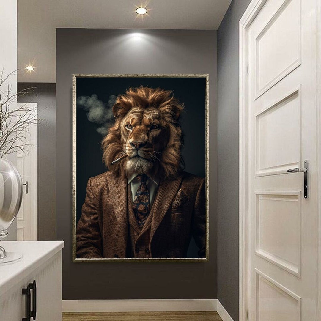 Wall Art With Lion Man in Suit, Lion Smoking Cigar Canvas Print, Wall ...