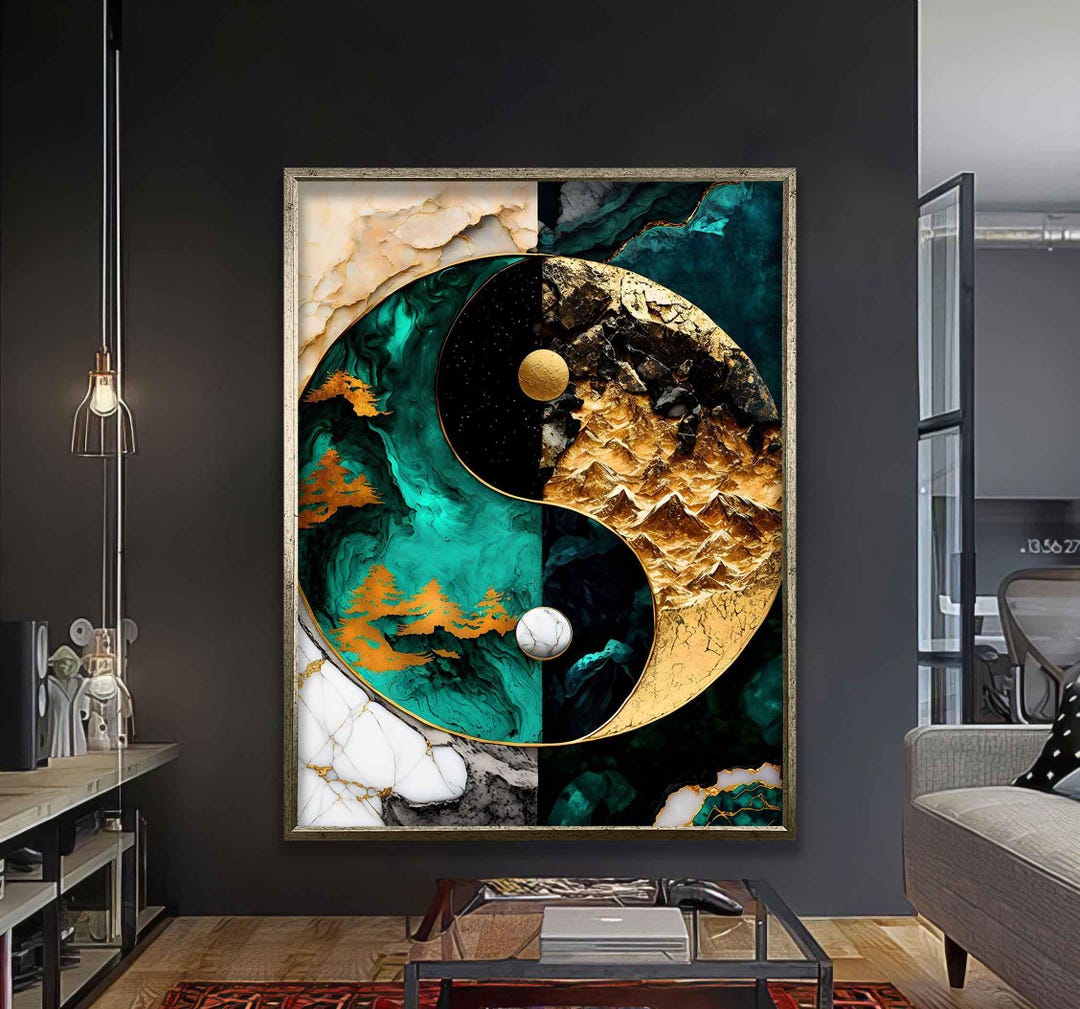 Yin Yang Marble Wall Art - Abstract Gold and Emerald Canvas for Modern ...