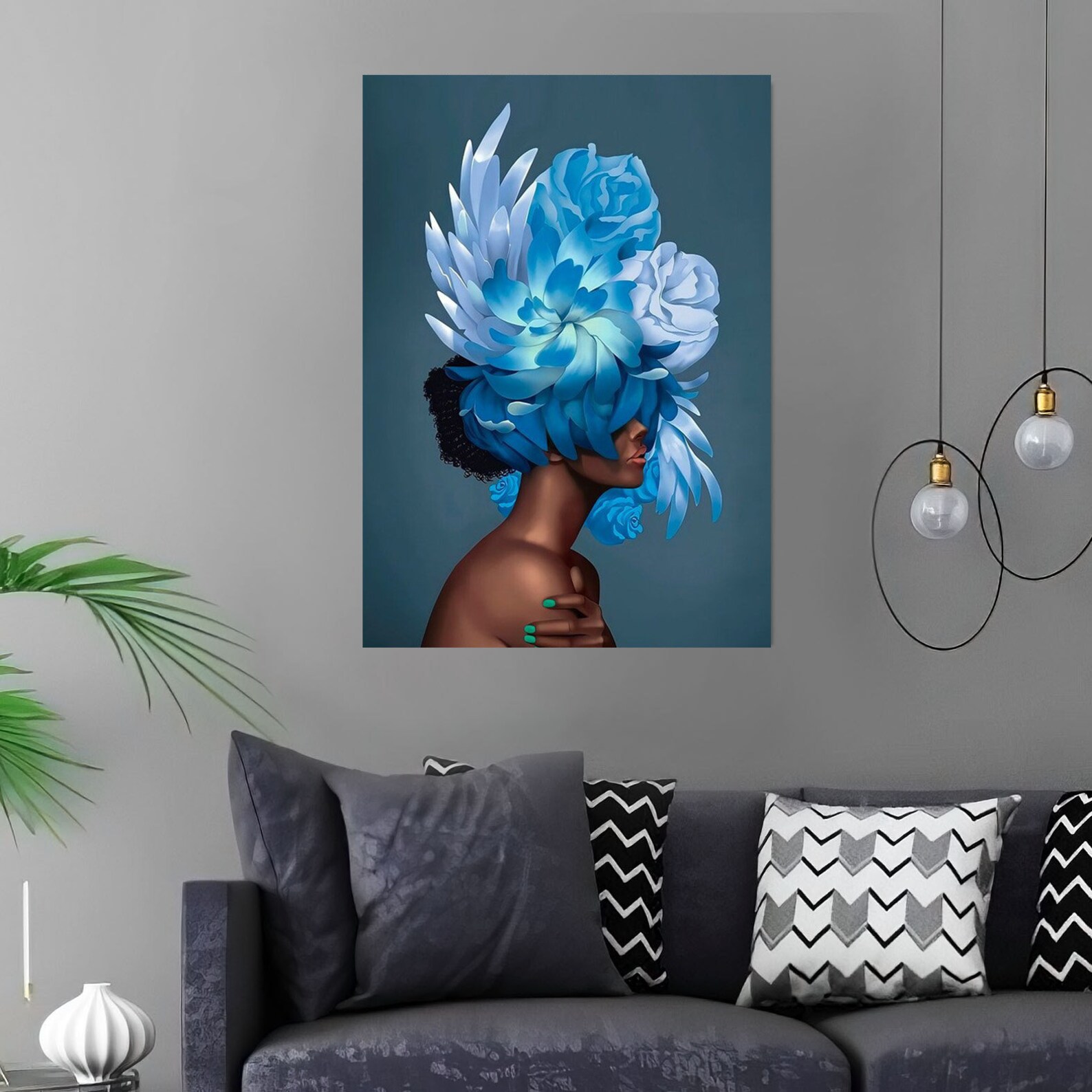 Blue Flower Head Woman Canvas Wall Art, Flower Head Woman Canvas ...