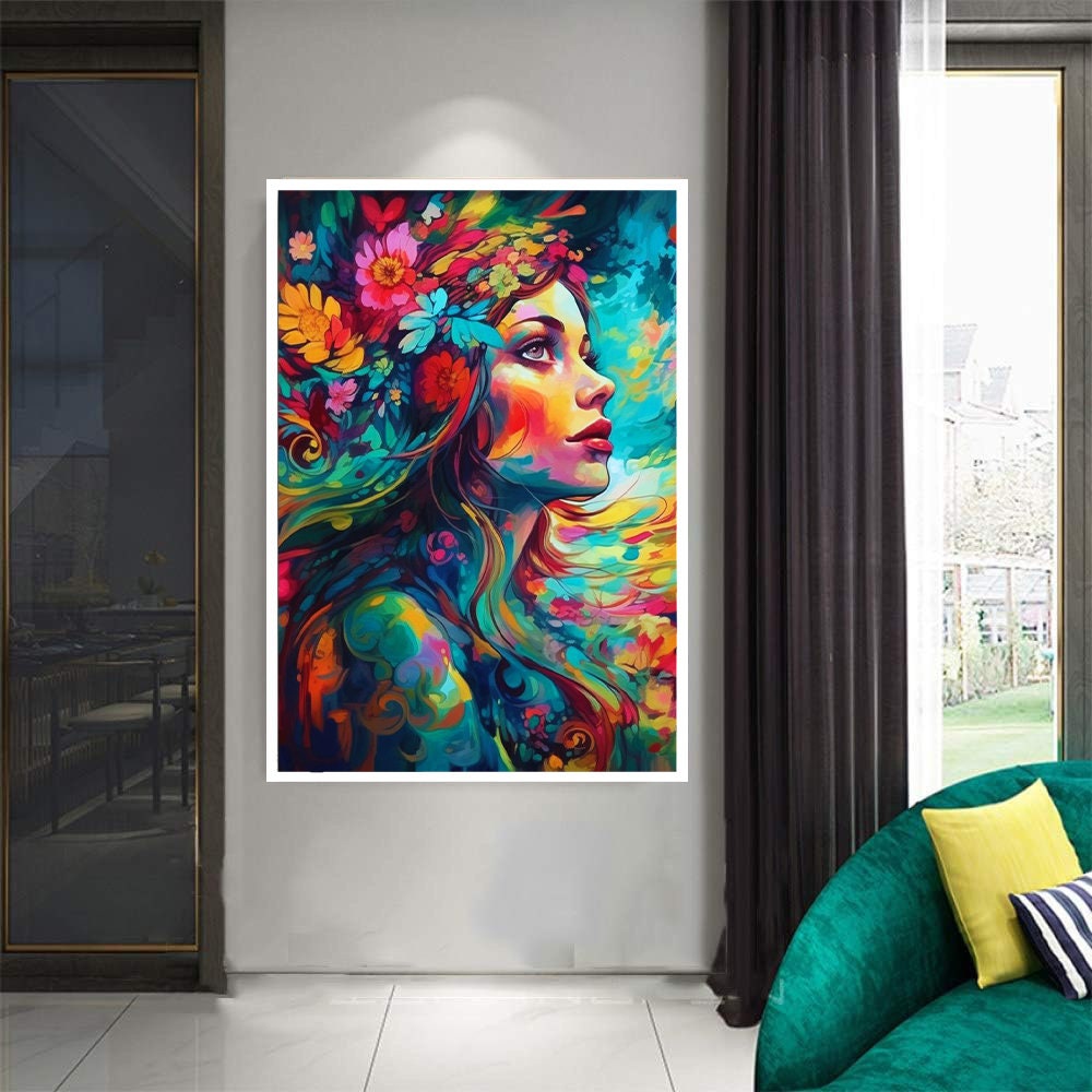 Colorful Girl Face Canvas Wall Art, Woman Portrait Canvas Wall Decor ...