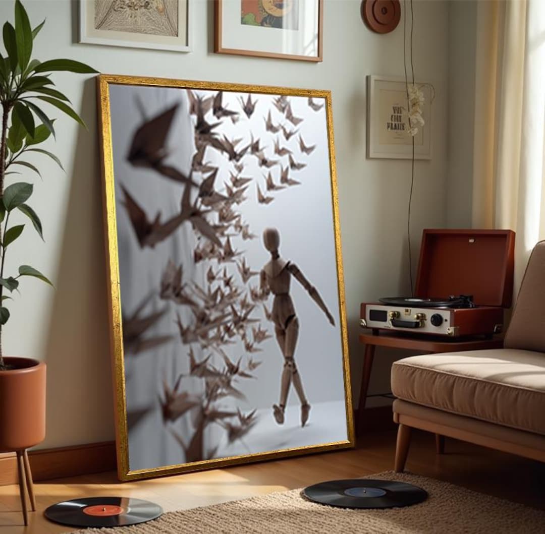 Surreal Wooden Mannequin Wall Art With Flying Origami Birds ...