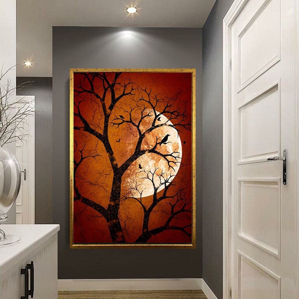 Full Moon Wall Art Night Sky Canvas Moon Retro Style Decor - Etsy