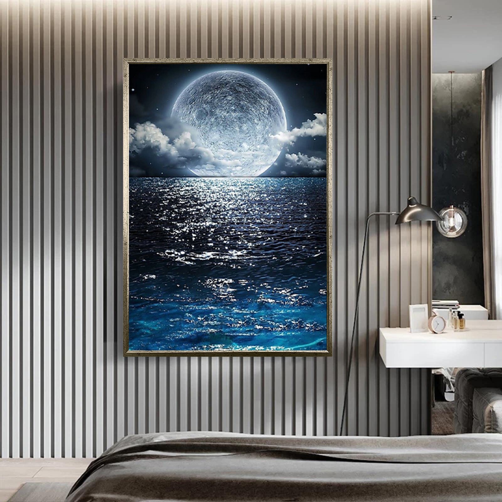Huge Full Moon Framed Canvas, Moon Landscape Wall Art, Sea and Moon ...