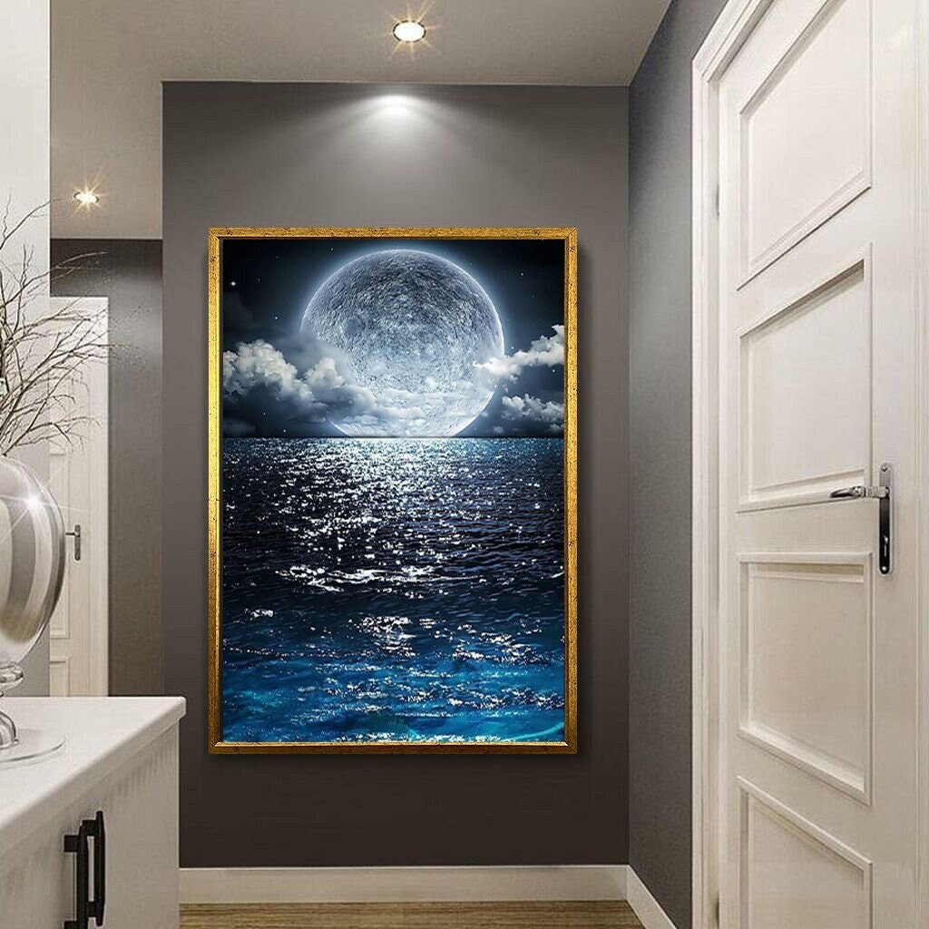 Huge Full Moon Framed Canvas, Moon Landscape Wall Art, Sea and Moon ...