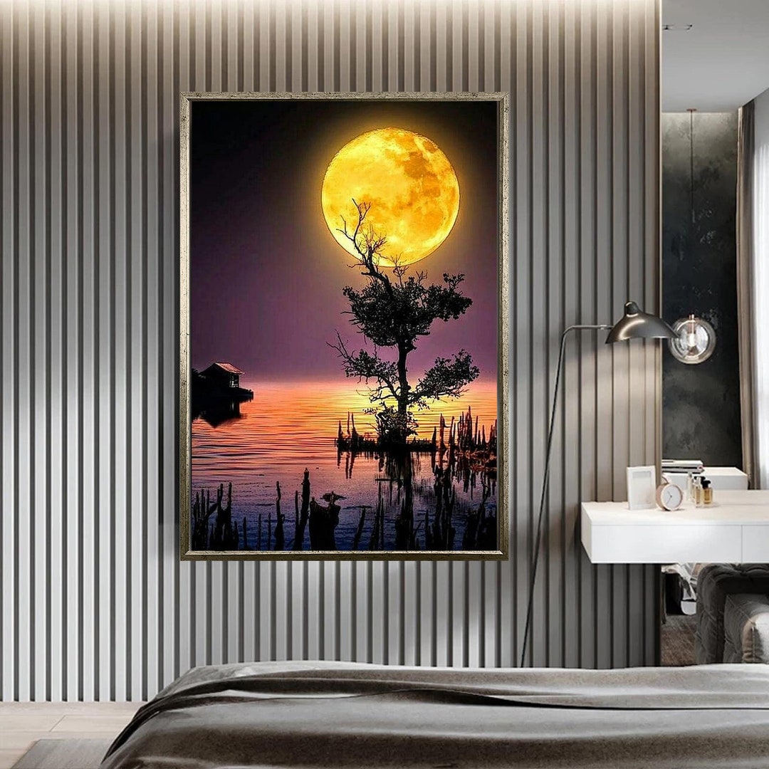 Full Moon Wall Art, Night Sky Canvas, Moon Retro Style Decor Art, Milky ...