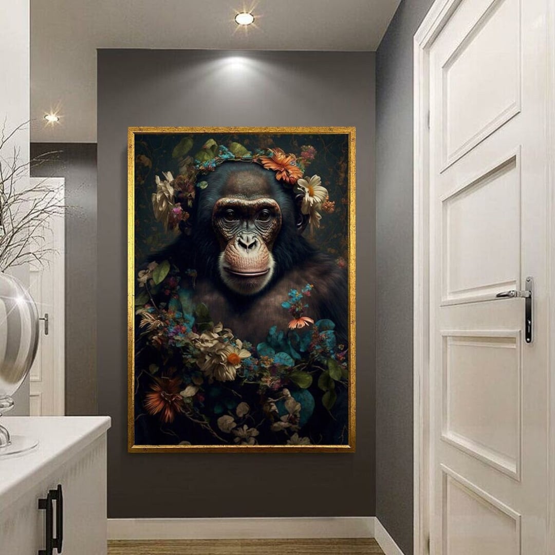 Roses and Monkey Canvas Wall Art , Monkey Canvas Print , Monkey Poster ...