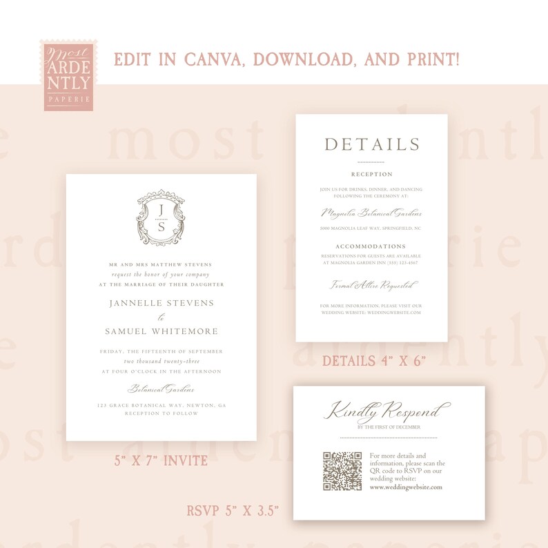 Monogram Crest Wedding Invitation Template Set: Formal Editable Design ...