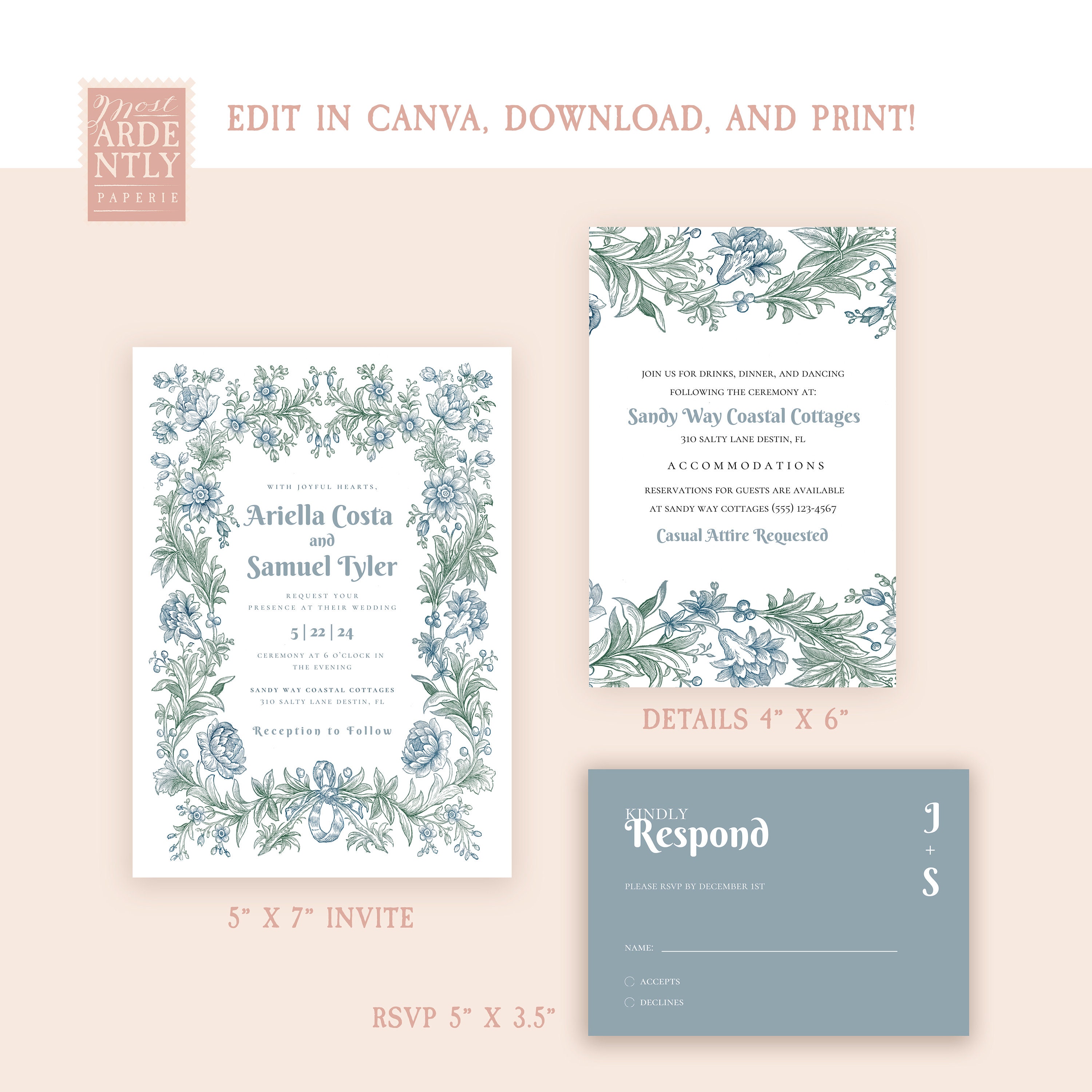 Cottage Core Wedding Invitation Template: Floral Garden Design (DIY ...