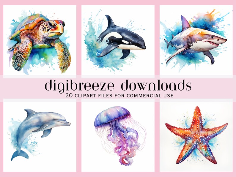 20 Watercolor Ocean Animals Clipart, Sea Life Graphics, Dolphin Whale ...