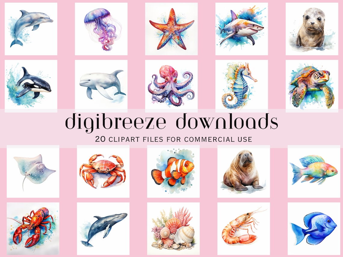 20 Watercolor Ocean Animals Clipart, Sea Life Graphics, Dolphin Whale ...
