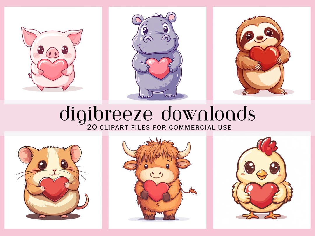 20 Valentines Animals Clipart, Cartoon Animal Heart Graphics, Kawaii ...