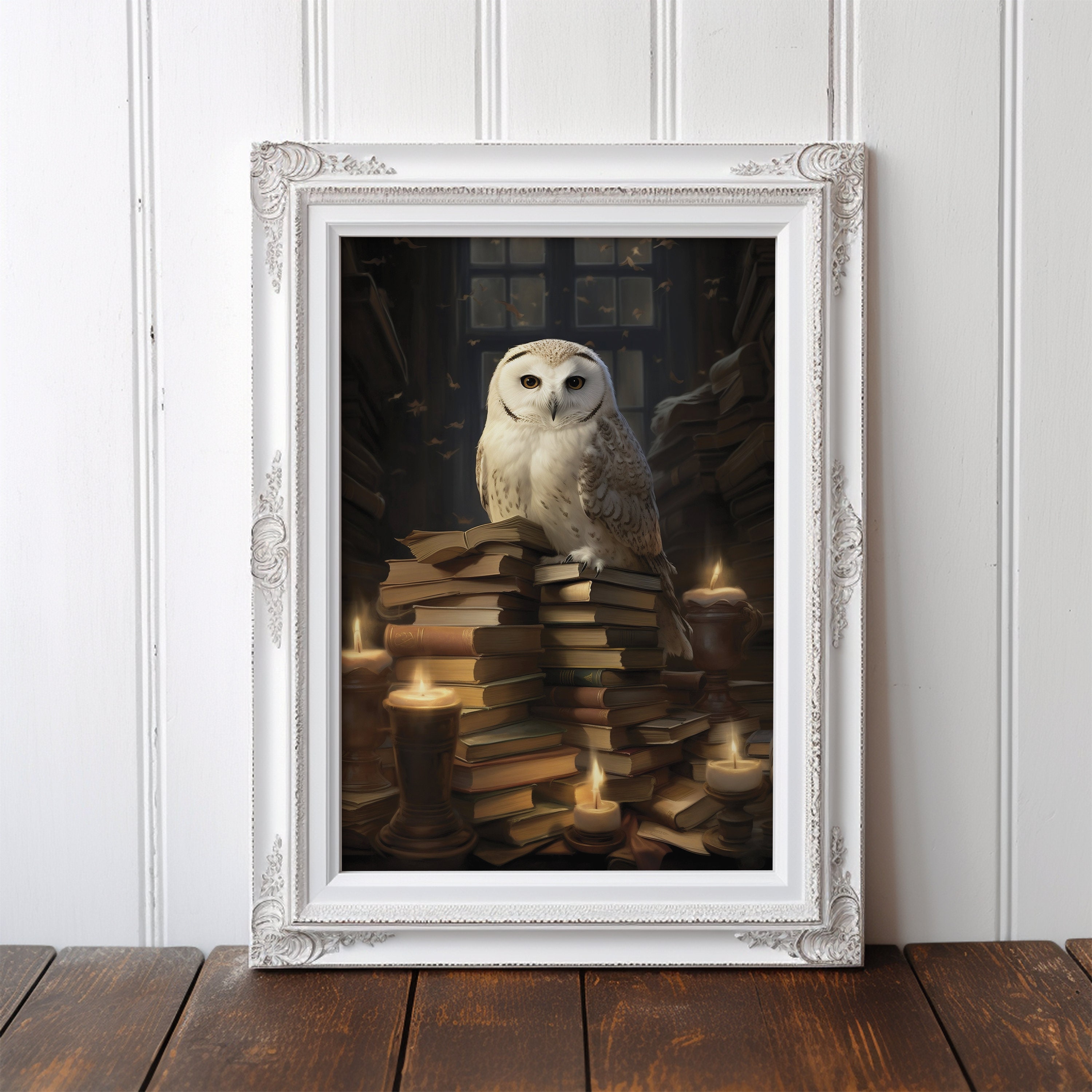 White Owl in Wizard Library Halloween Print | Wizarding World Decor ...