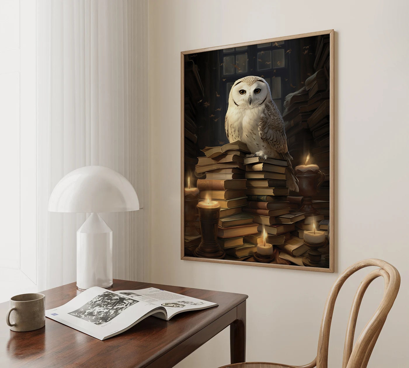 White Owl in Wizard Library Halloween Print | Wizarding World Decor ...