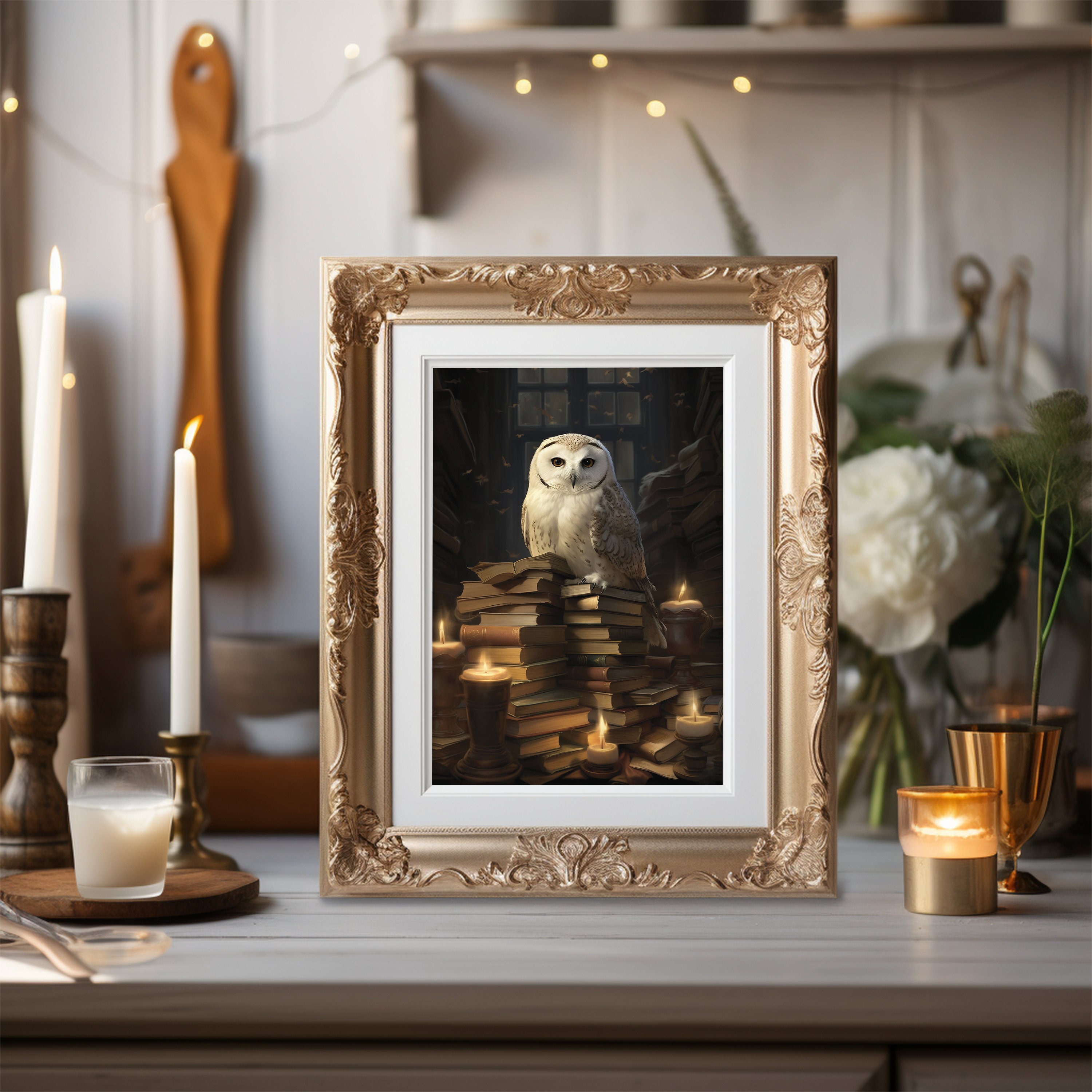 White Owl in Wizard Library Halloween Print | Wizarding World Decor ...