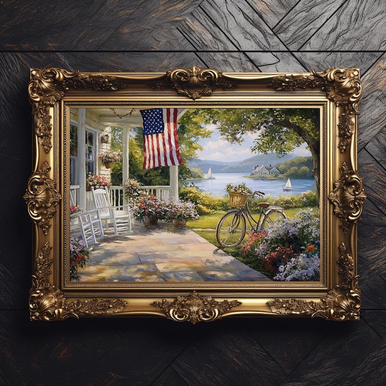 American Flag Porch Print | Vintage Lake House Wall Art (digital ...