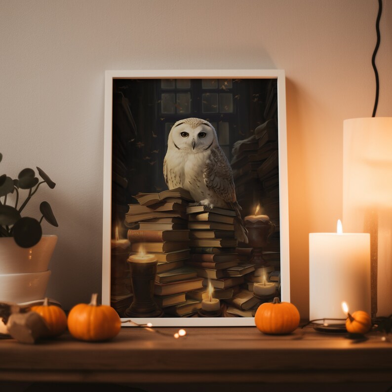 White Owl in Wizard Library Halloween Print | Wizarding World Decor ...