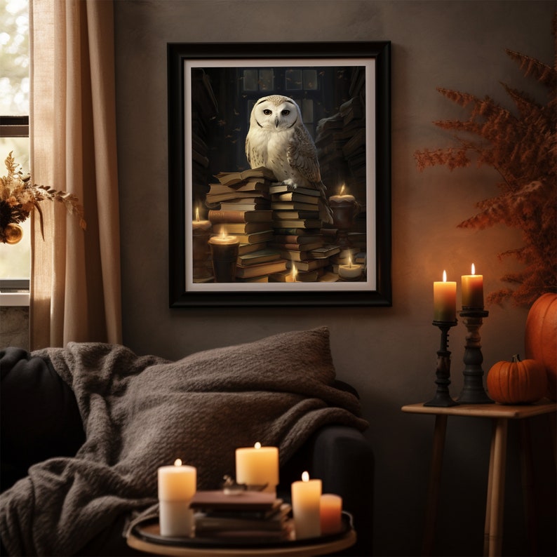 White Owl in Wizard Library Halloween Print | Wizarding World Decor ...
