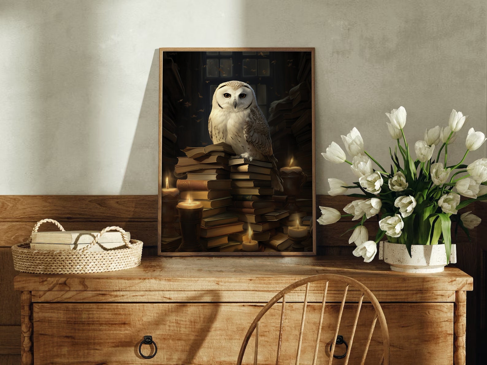 White Owl in Wizard Library Halloween Print | Wizarding World Decor ...