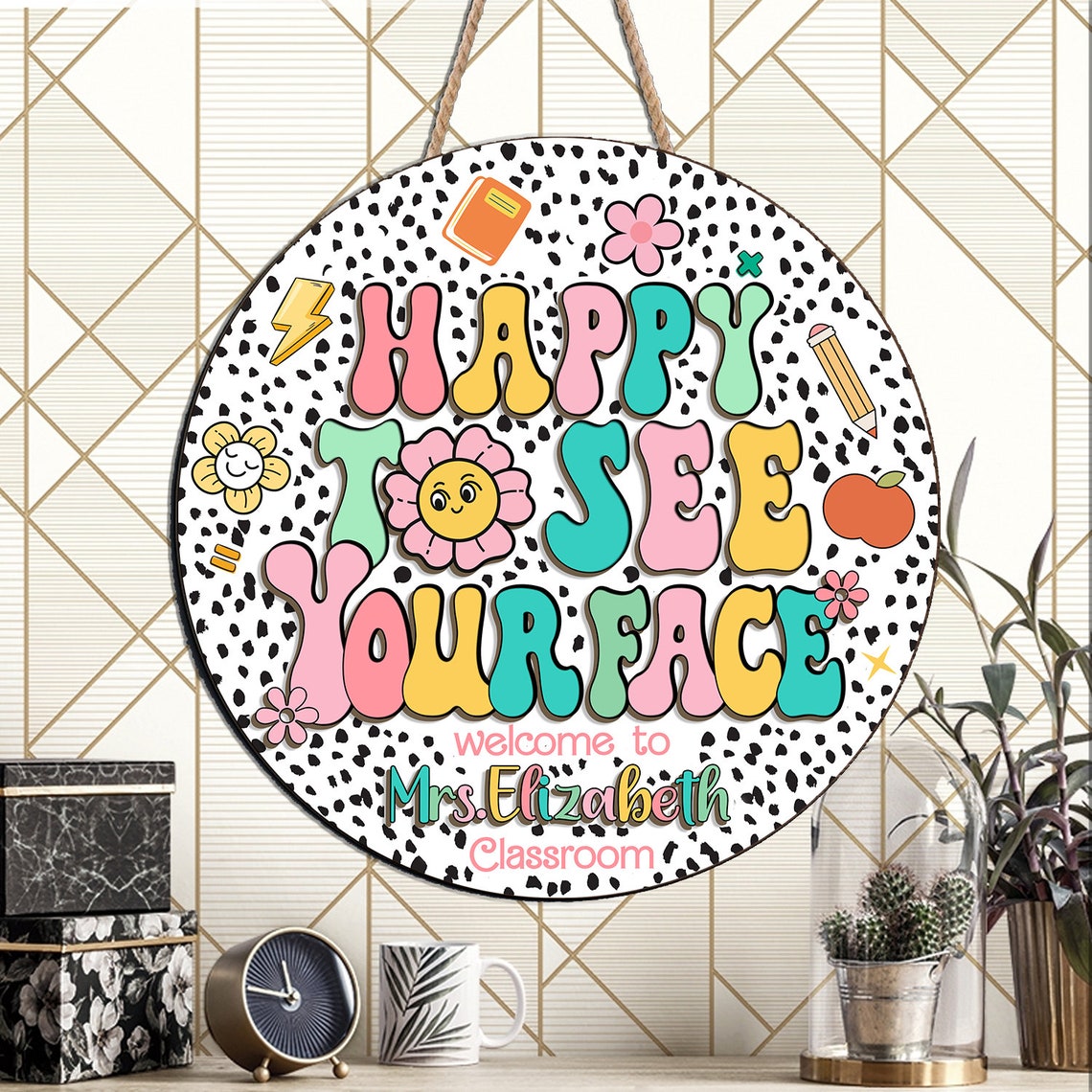 Happy to See Your Face Tapestry, Personalized Teacher Name 3D Door Sign ...