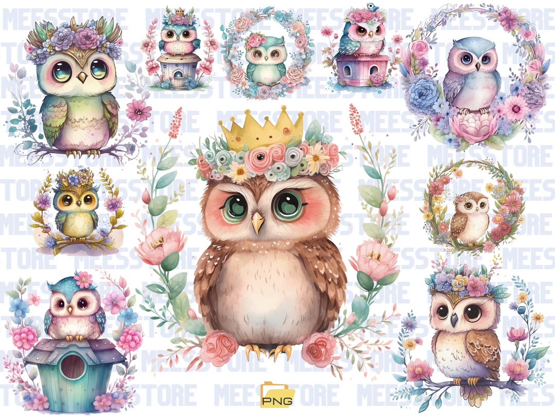 Set of 10, Cute Owl Clipart, Owl PNG, Watercolor Owl, Junk Journal Art ...