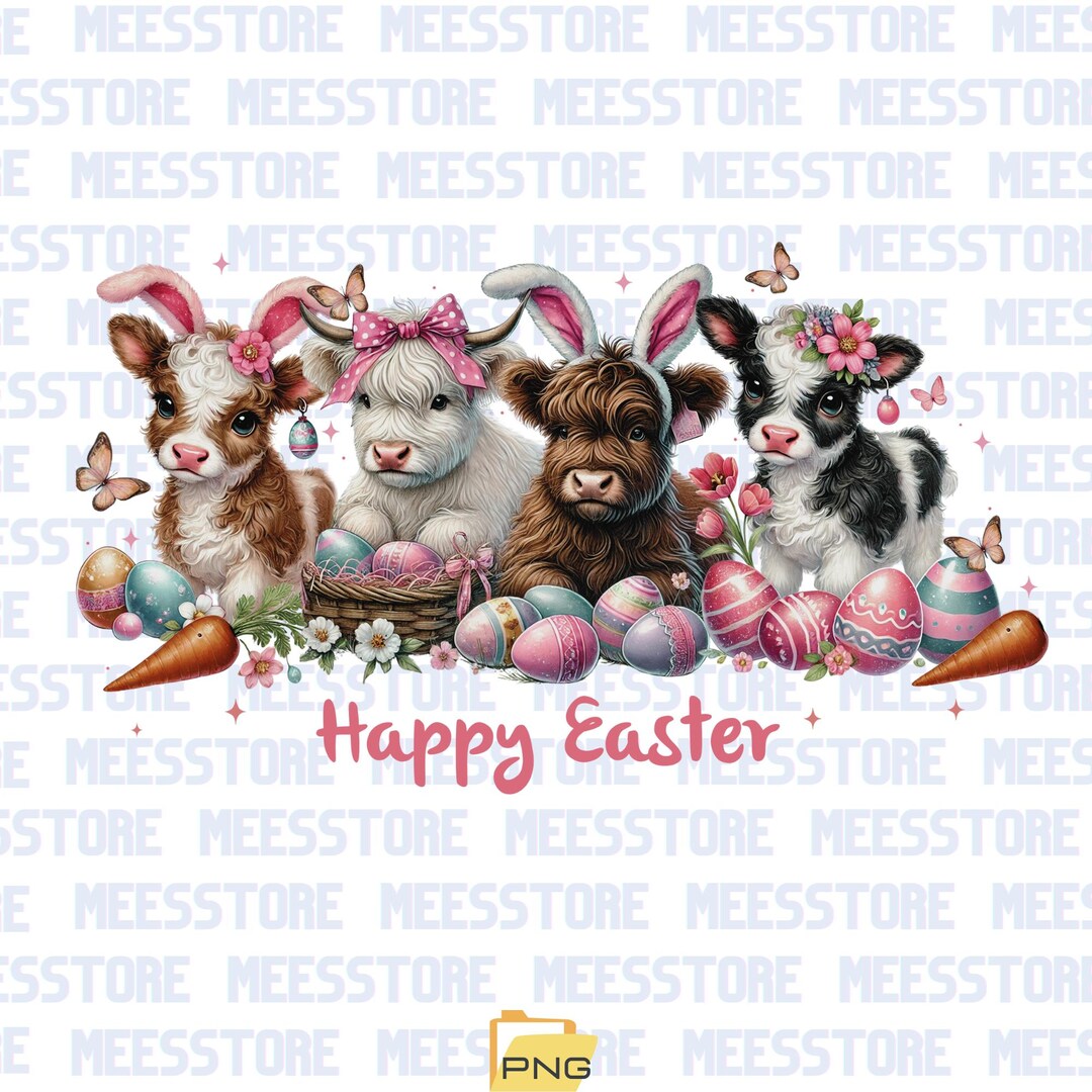 Easter Highland Cow PNG ,cute Baby Cows With Bunny Ears , Happy Easter ...