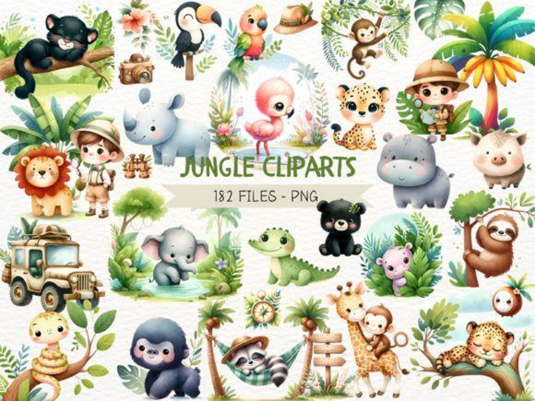 Jungle Adventure Clipart Bundle, Cute Safari, Watercolor Animals PNG ...