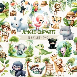 Jungle Adventure Clipart Bundle, Cute Safari, Watercolor Animals PNG ...