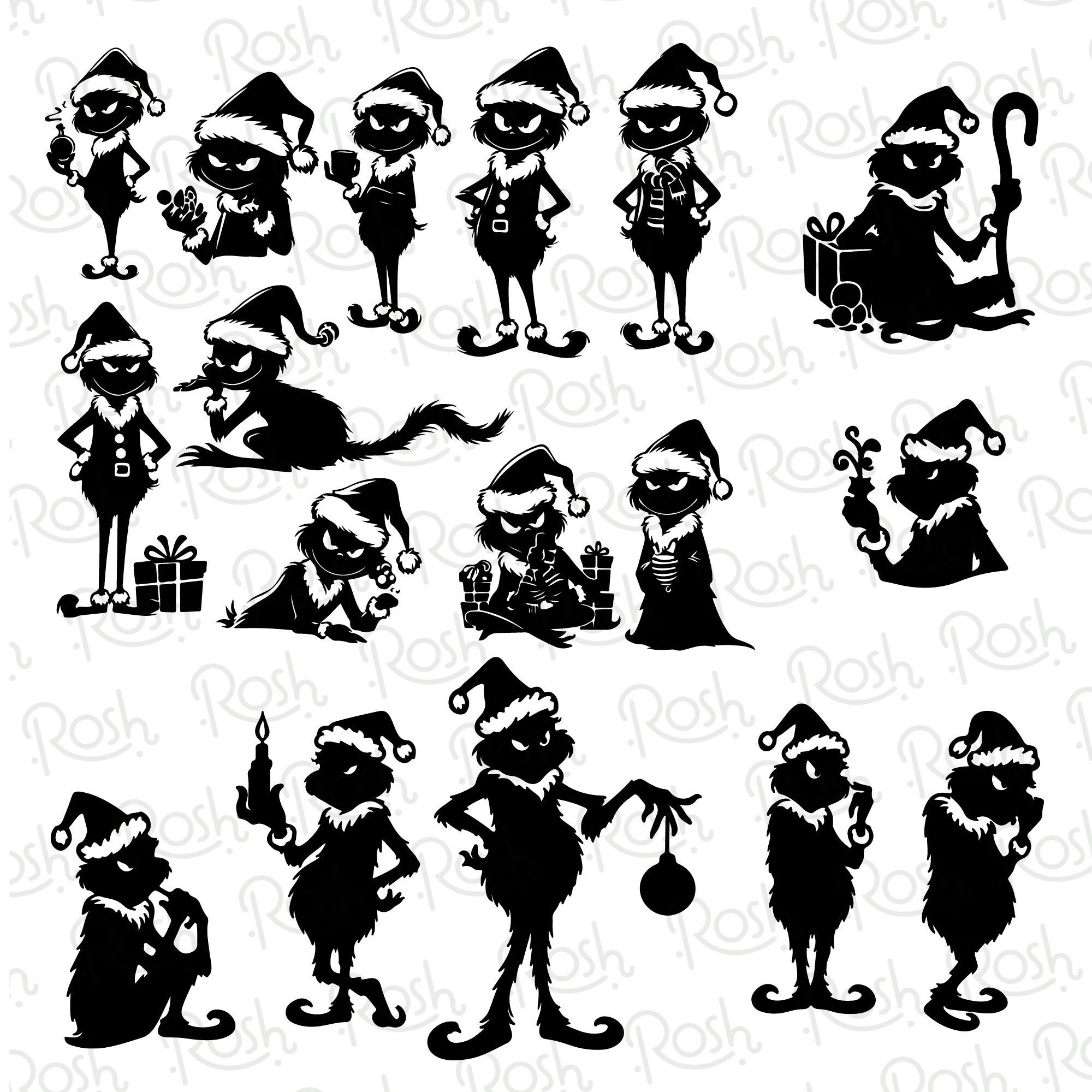 Grinch Silhouette SVG Set, Grinch Clipart, Grinch SVG Bundle, Stole ...