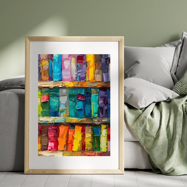 Vibrant Bookshelf Oil Painting | Colorful Abstract Book Art | Modern ...