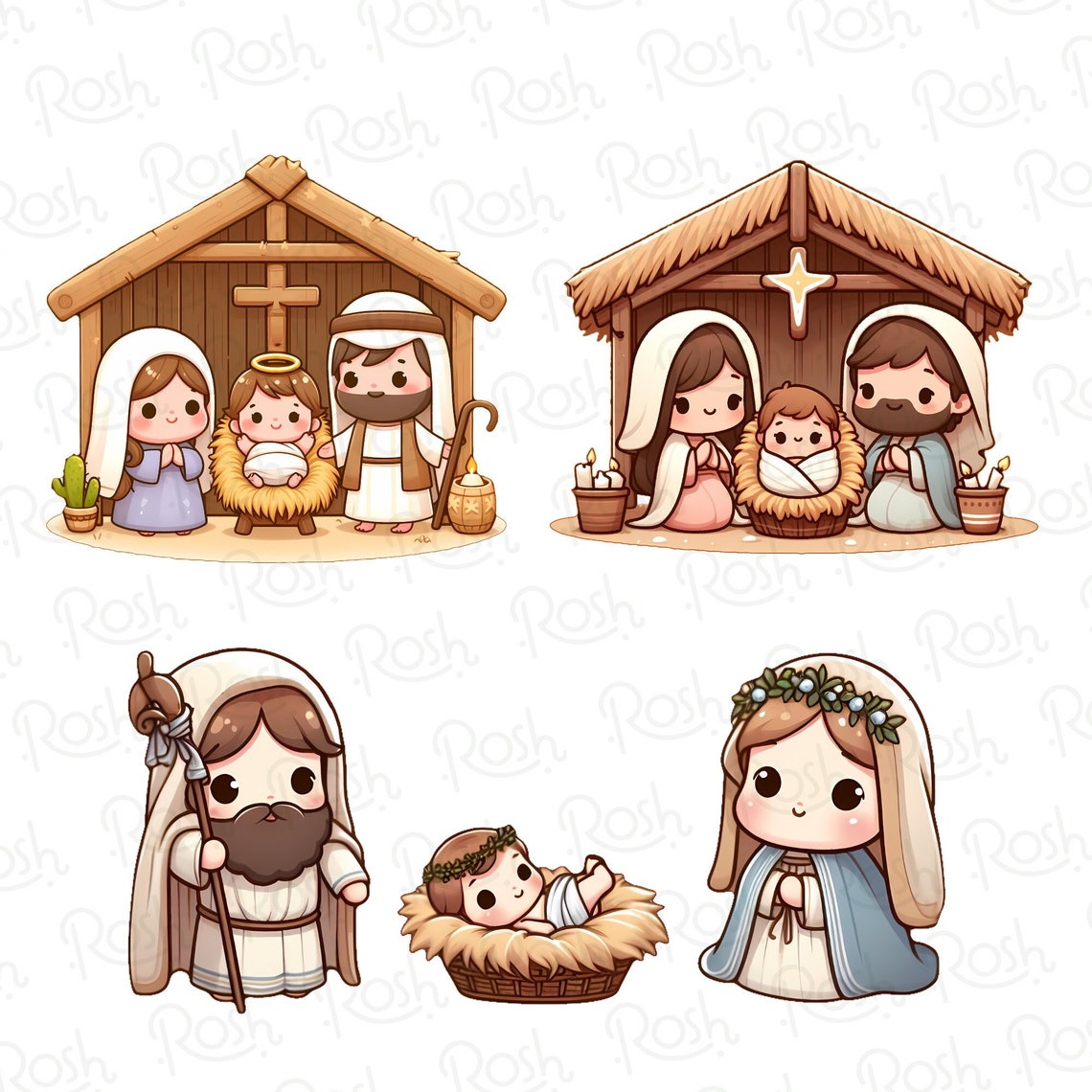 Cute Manger Set PNG, Nativity of Jesus Set PNG, Mary, Joseph, Baby ...