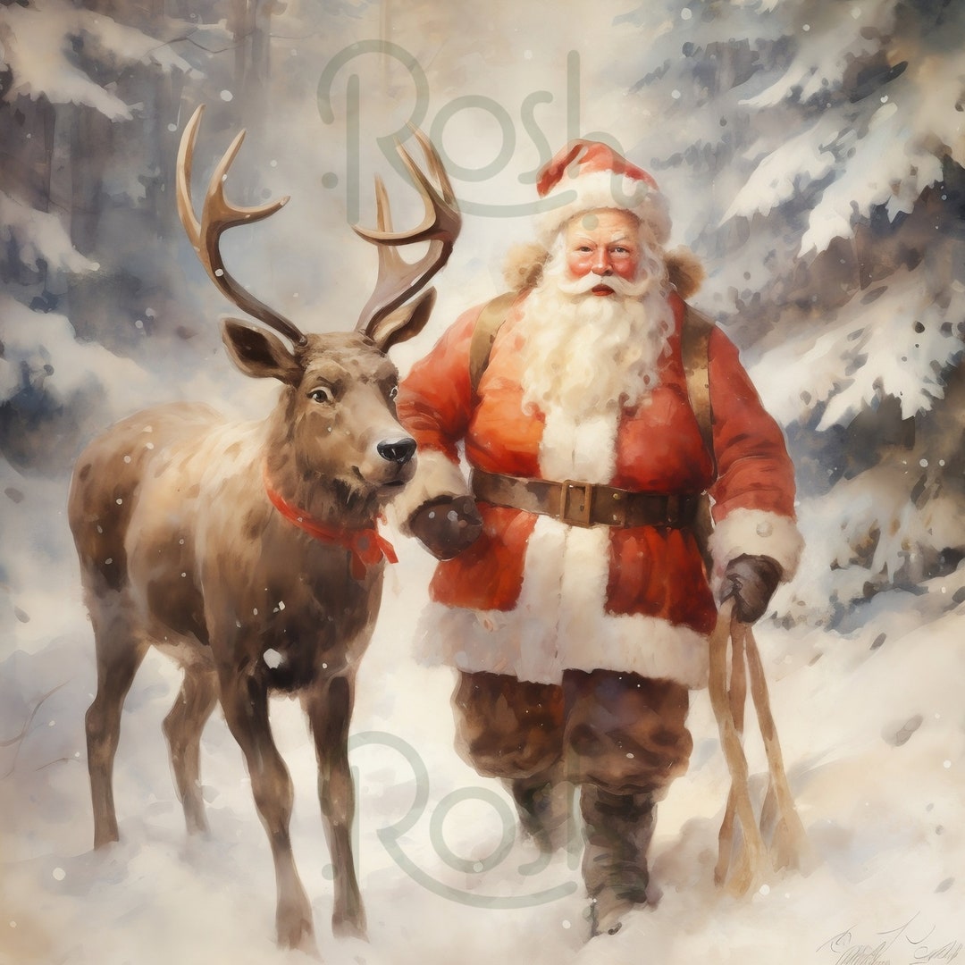 Vintage Santa Claus and Reindeer, High Quality PNG, Merry Christmas ...