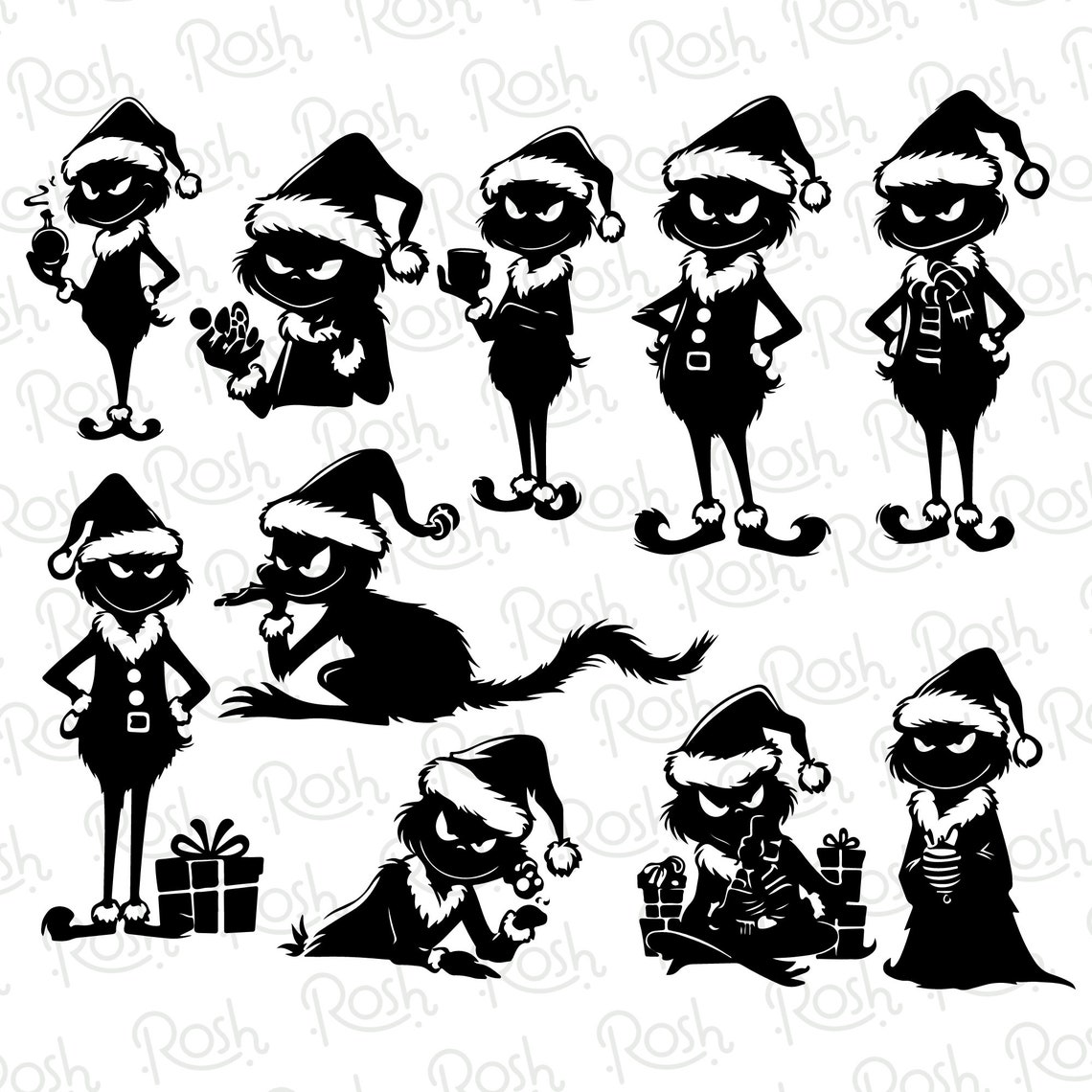 Grinch Silhouette SVG Set, Grinch Clipart, Grinch SVG Bundle, Stole ...