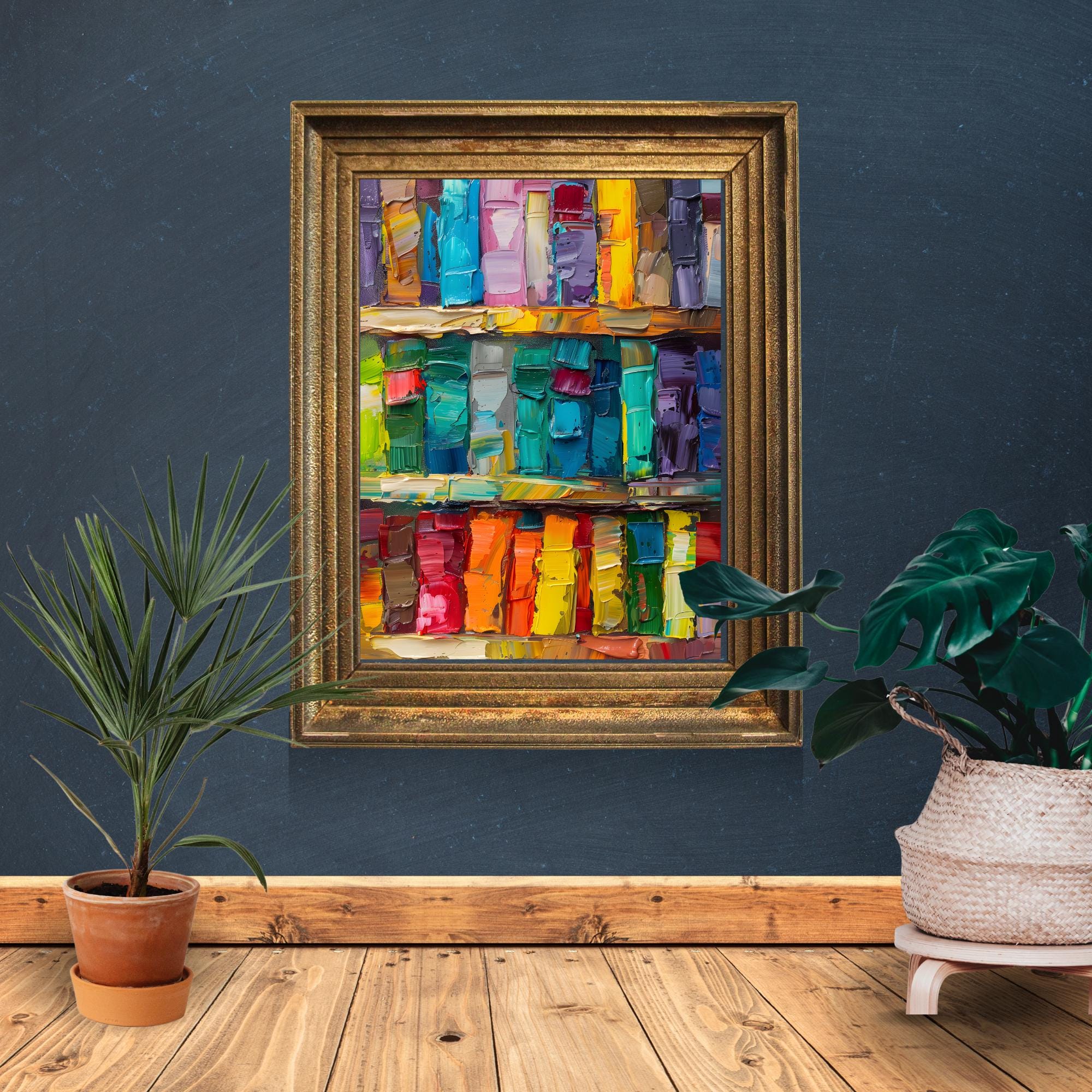 Vibrant Bookshelf Oil Painting | Colorful Abstract Book Art | Modern ...