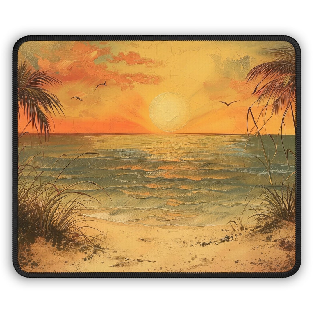 Tropical Beach Sunset Mouse Pad, Orange Sky Palm Trees, Scenic Ocean ...