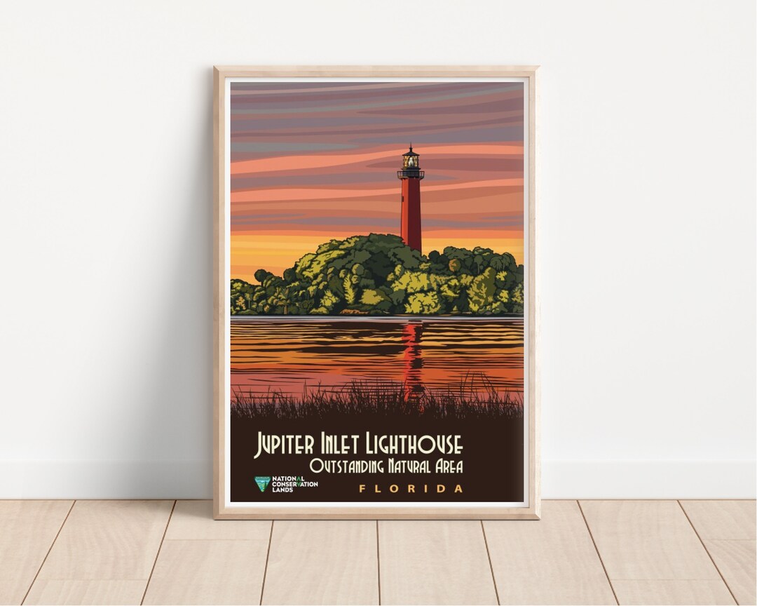 Vintage Jupiter Inlet Lighthouse Florida Poster, Retro Travel Print ...