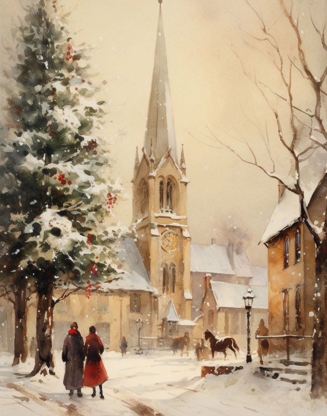 Beautiful Vintage Christmas Church Holiday Season Vintage Painting ...