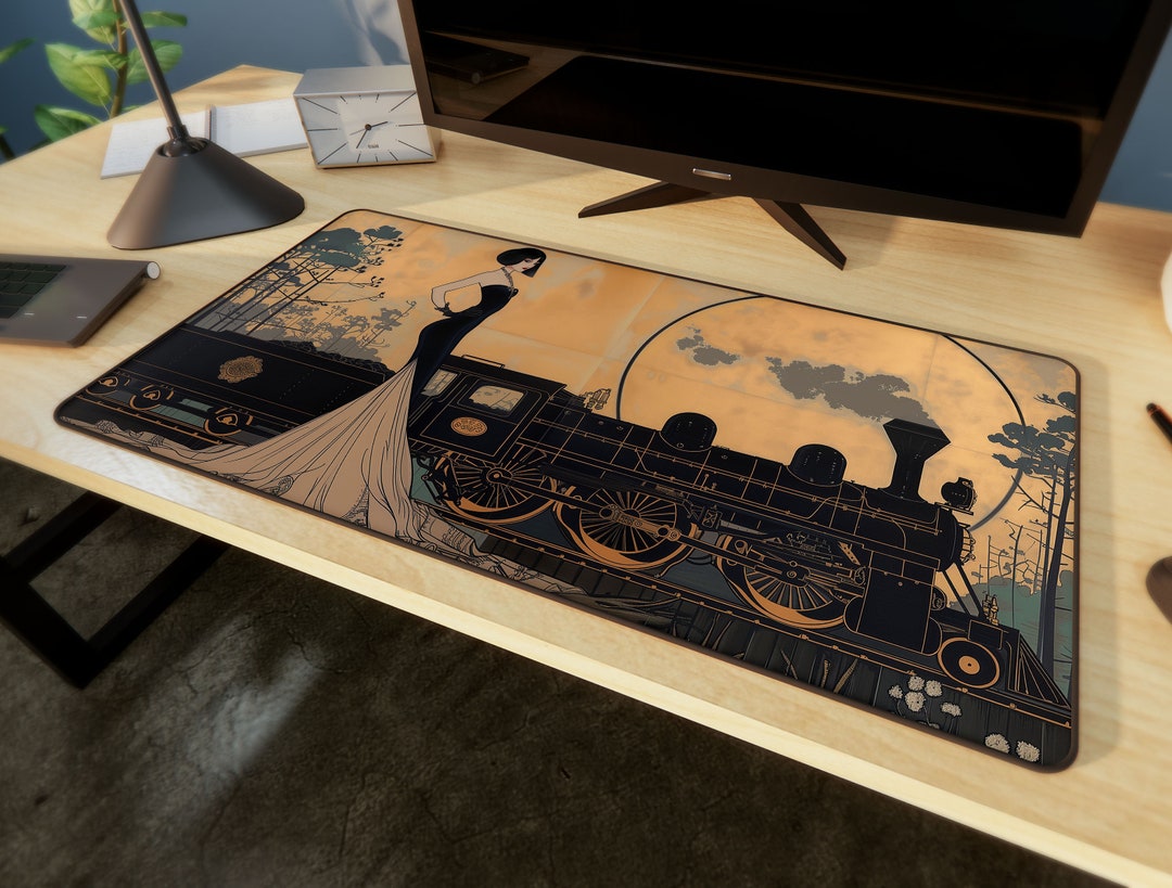 Art Deco Style Desk Mat, Vintage Train and Elegant Lady Illustration ...