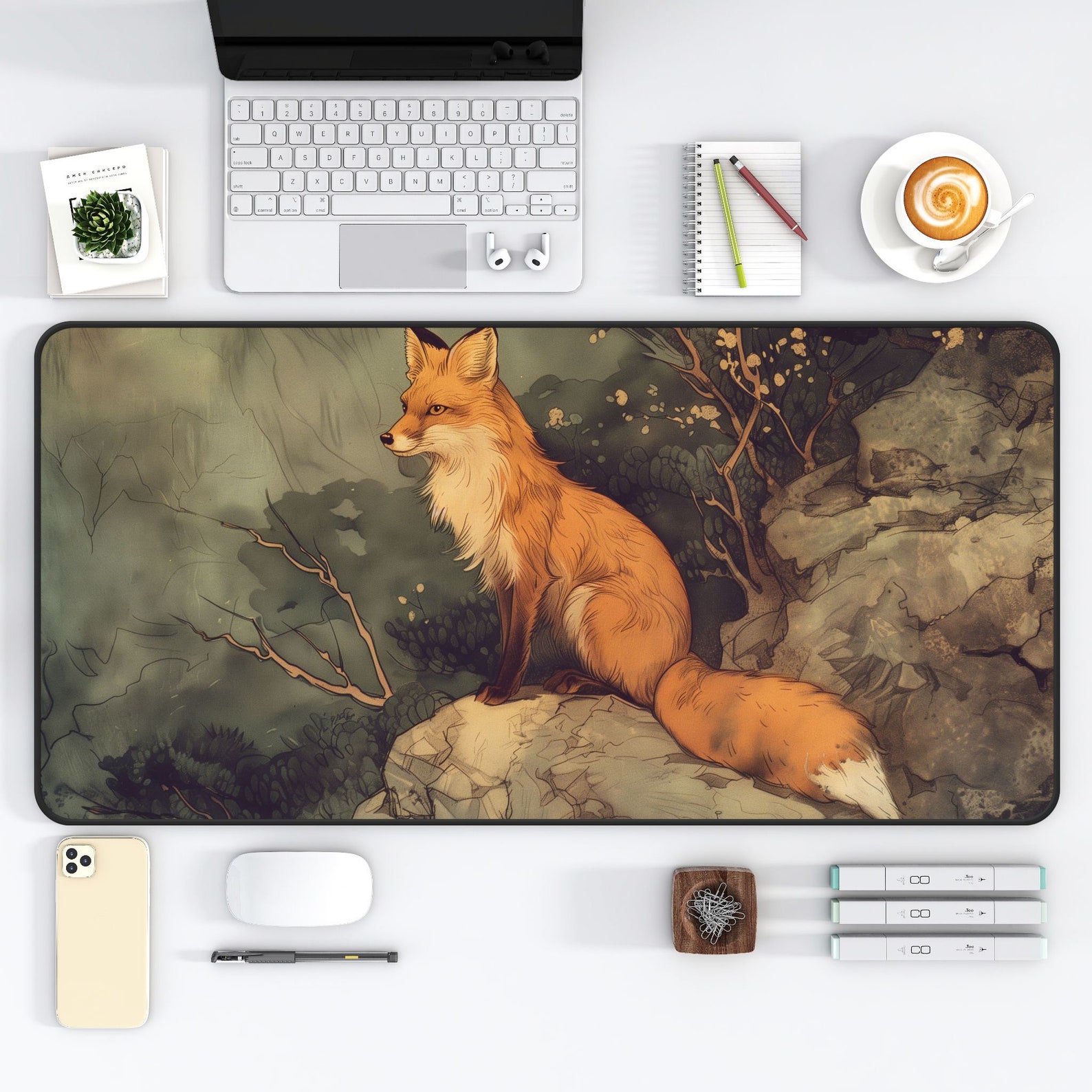 Large Fox Illustrated Desk Mat, Artistic Home Office Decor, Nature ...