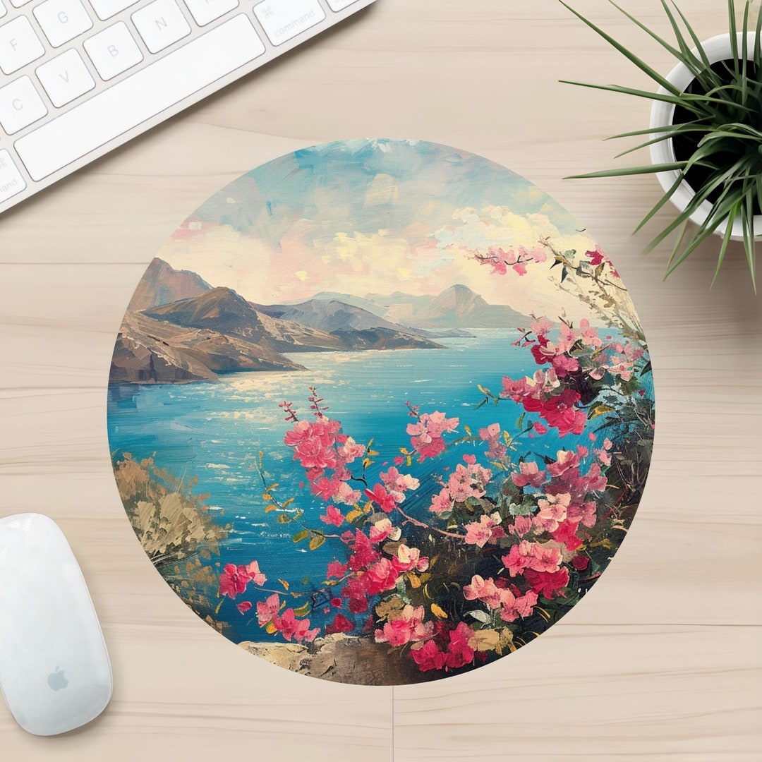 Scenic Milos Greece Coastal View Mouse Pad, Artistic Floral Mousepad ...