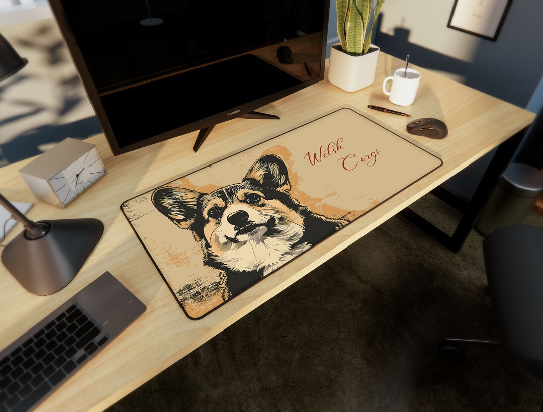 Welsh Corgi Desk Mat, Vintage Style Dog Illustration, Large Office ...