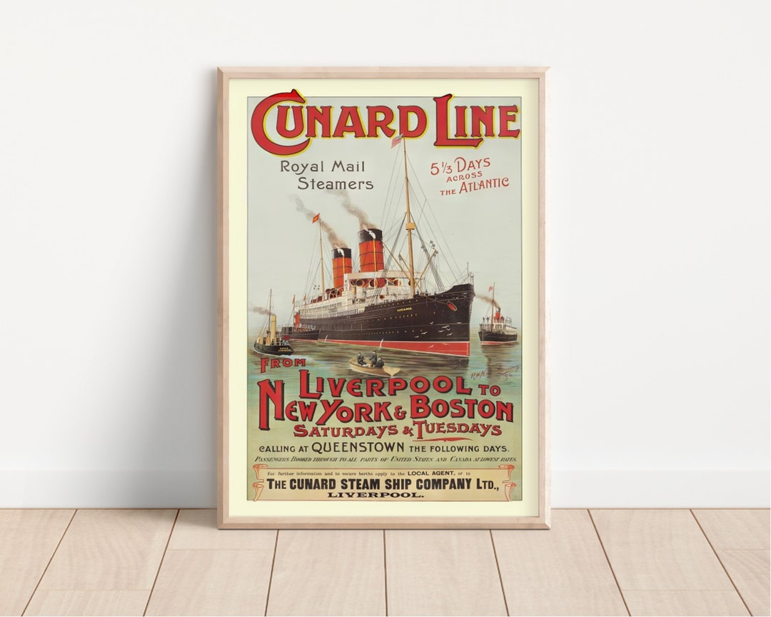 Vintage Cunard Line Travel Poster, New York to Boston Steamship, Retro ...