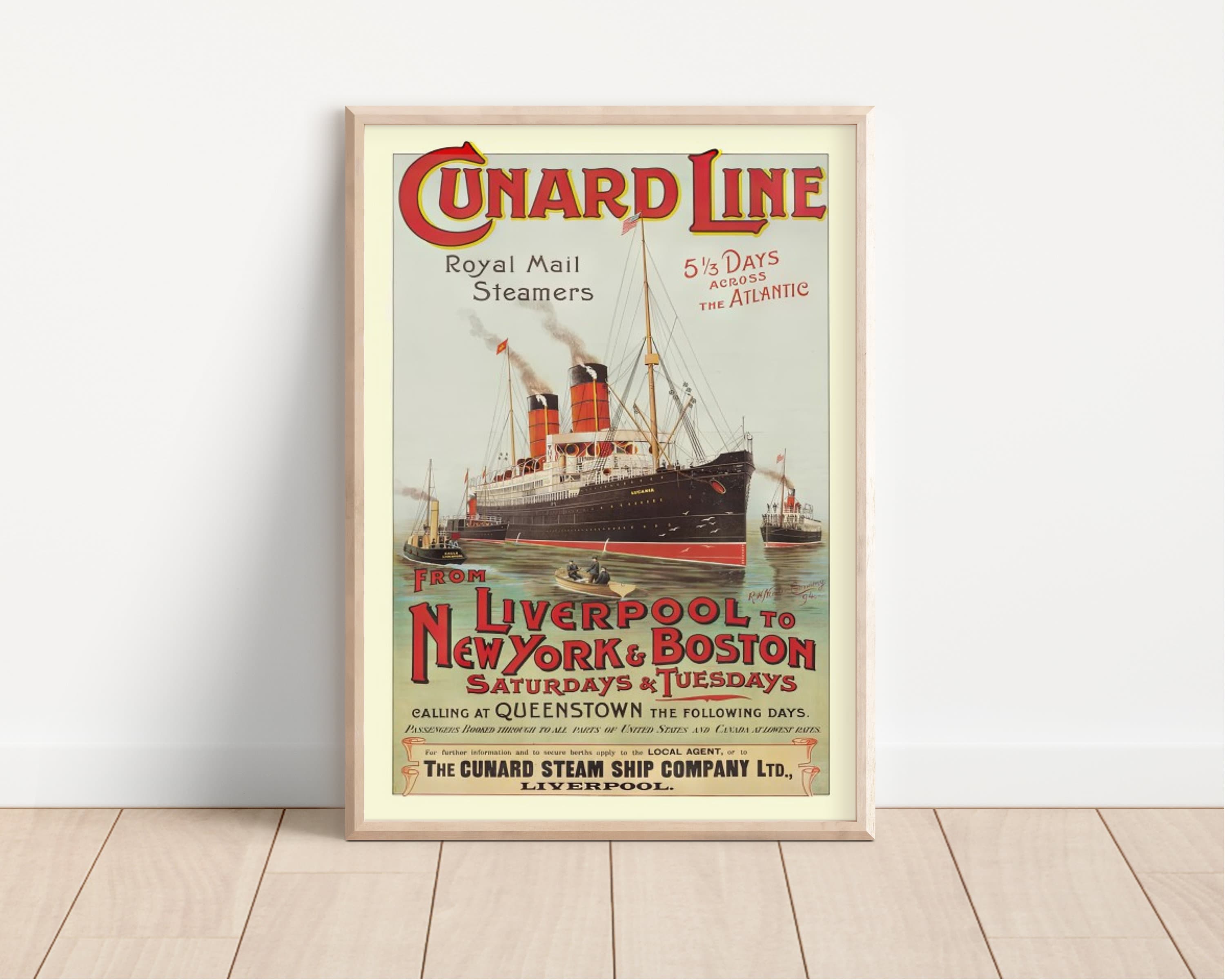 Vintage Cunard Line Travel Poster, New York to Boston Steamship, Retro ...