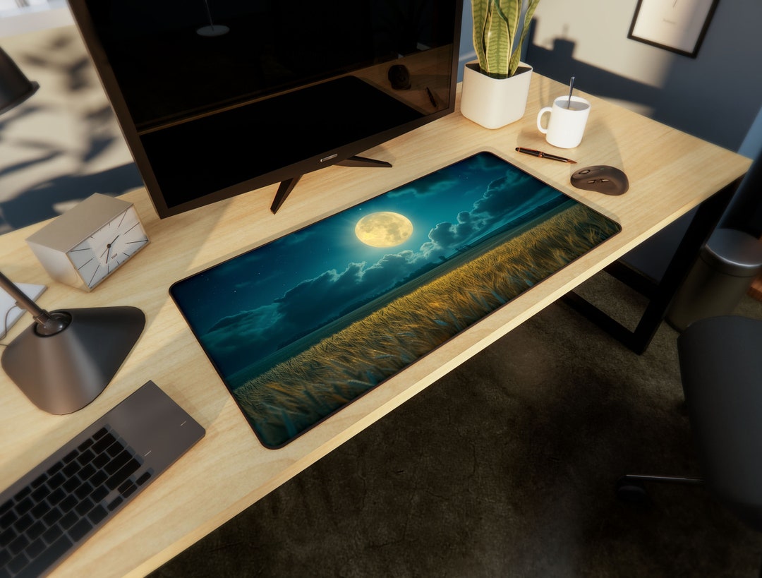 Large Moon Over Wheat Field Desk Mat, Blue Night Sky Office Decor ...