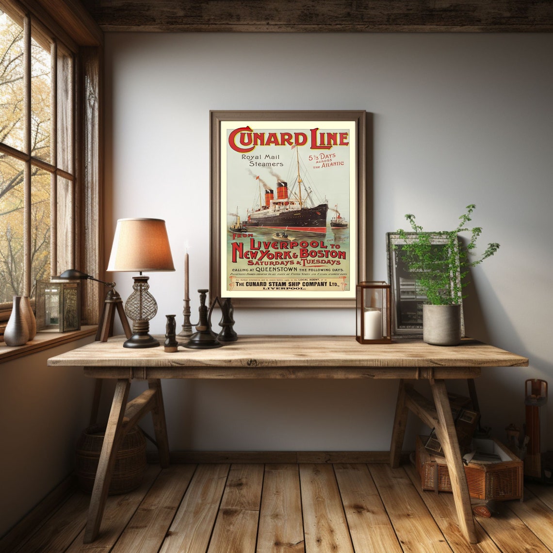 Vintage Cunard Line Travel Poster, New York to Boston Steamship, Retro ...