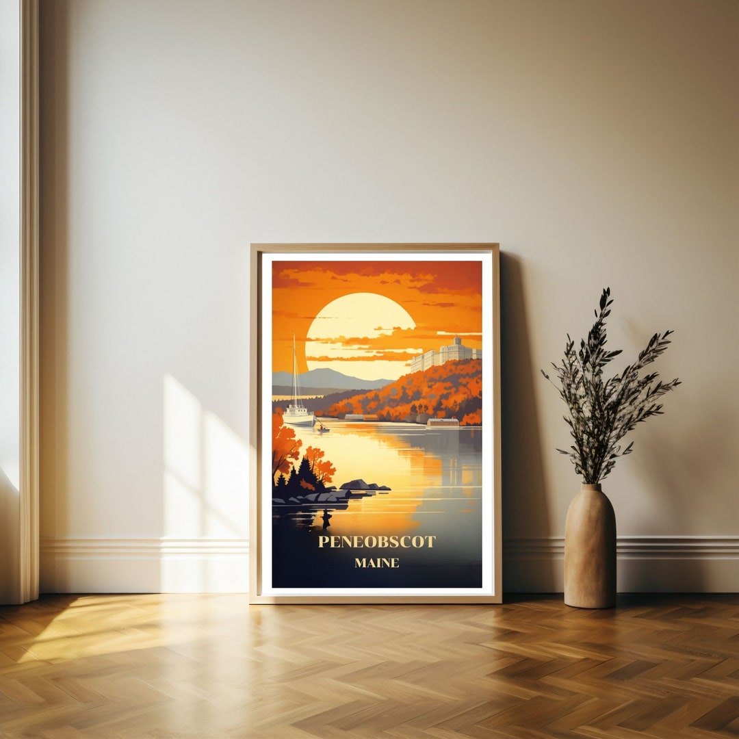 Penobscot Maine Travel Poster, Sunset Sailboat Wall Art, Vibrant Home ...