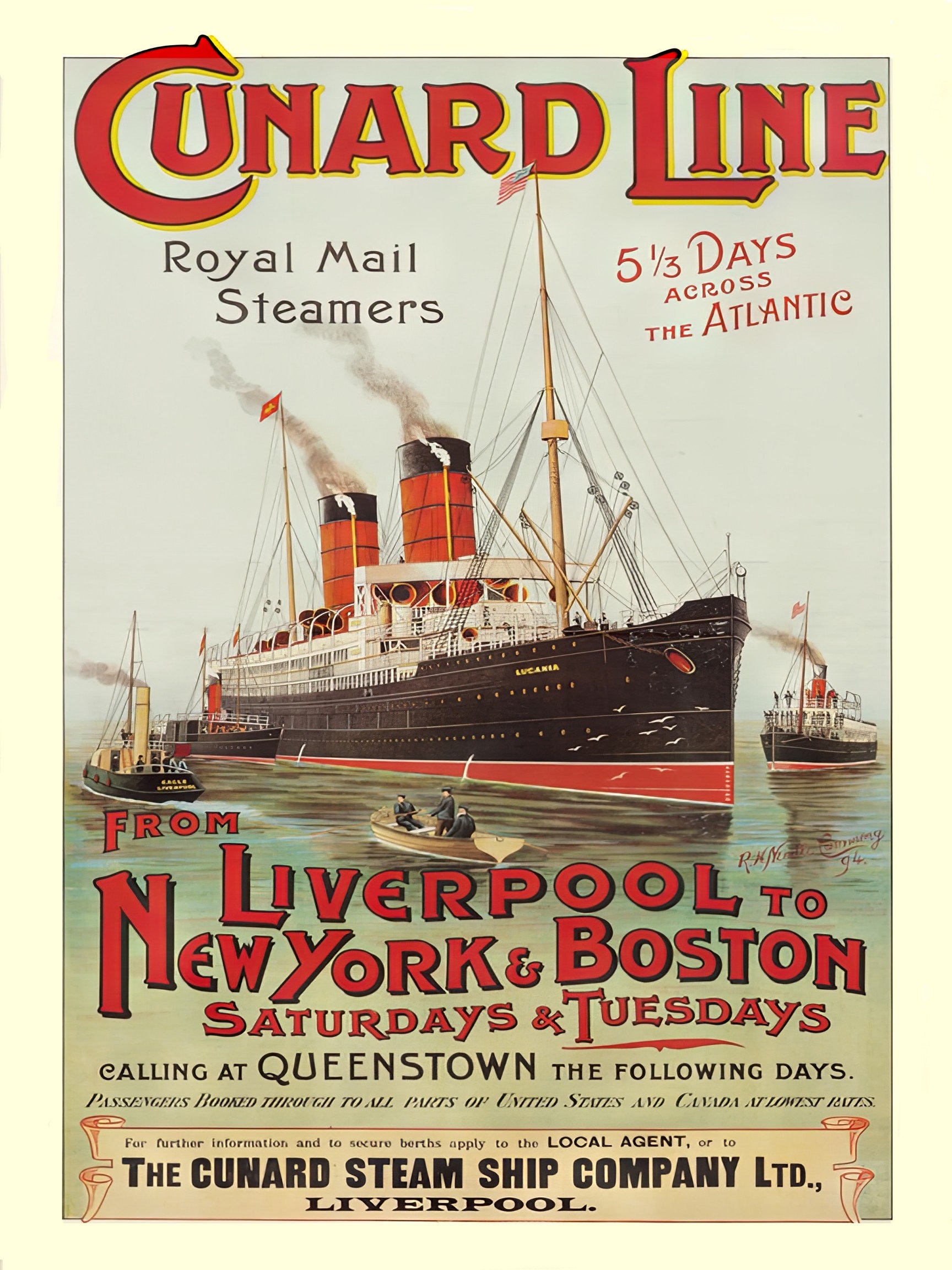 Vintage Cunard Line Travel Poster, New York to Boston Steamship, Retro ...