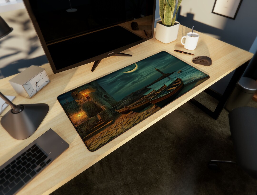 Moonlit Night Sea Lighthouse Scene Desk Mat, Crescent Moon, Ocean Boats ...