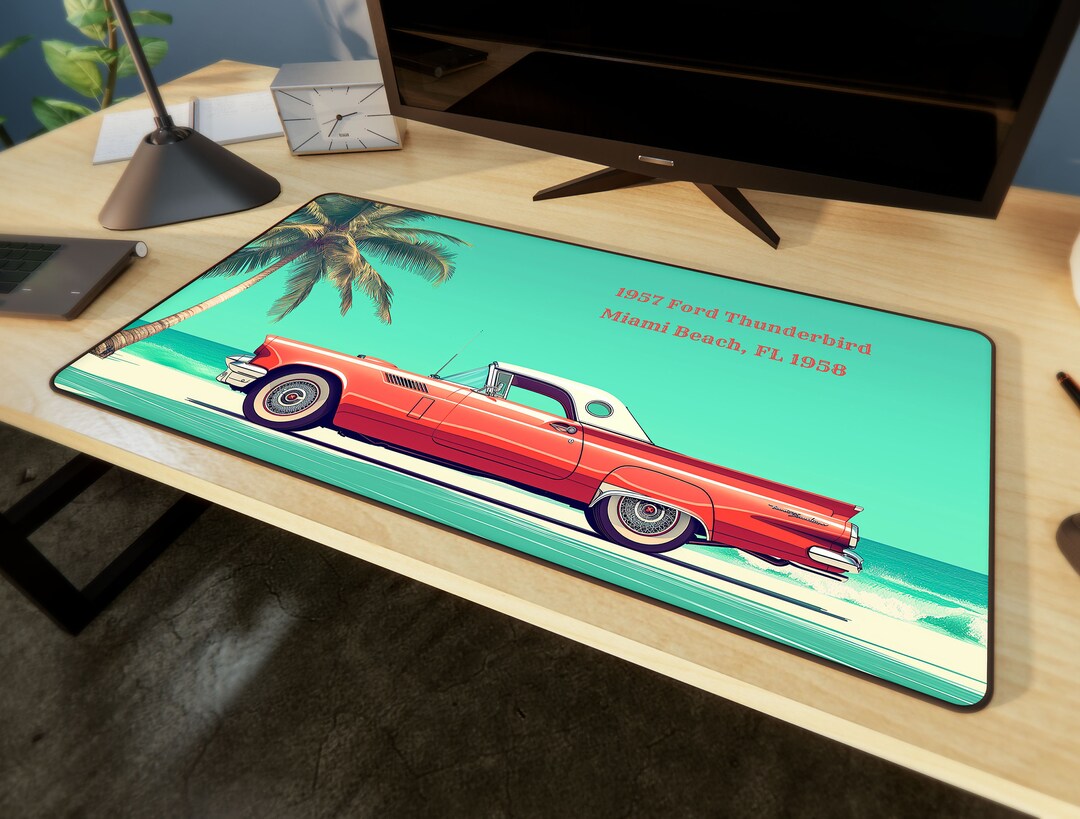Vintage Car Desk Mat, 1957 Ford Thunderbird, Miami Beach Theme, Retro ...