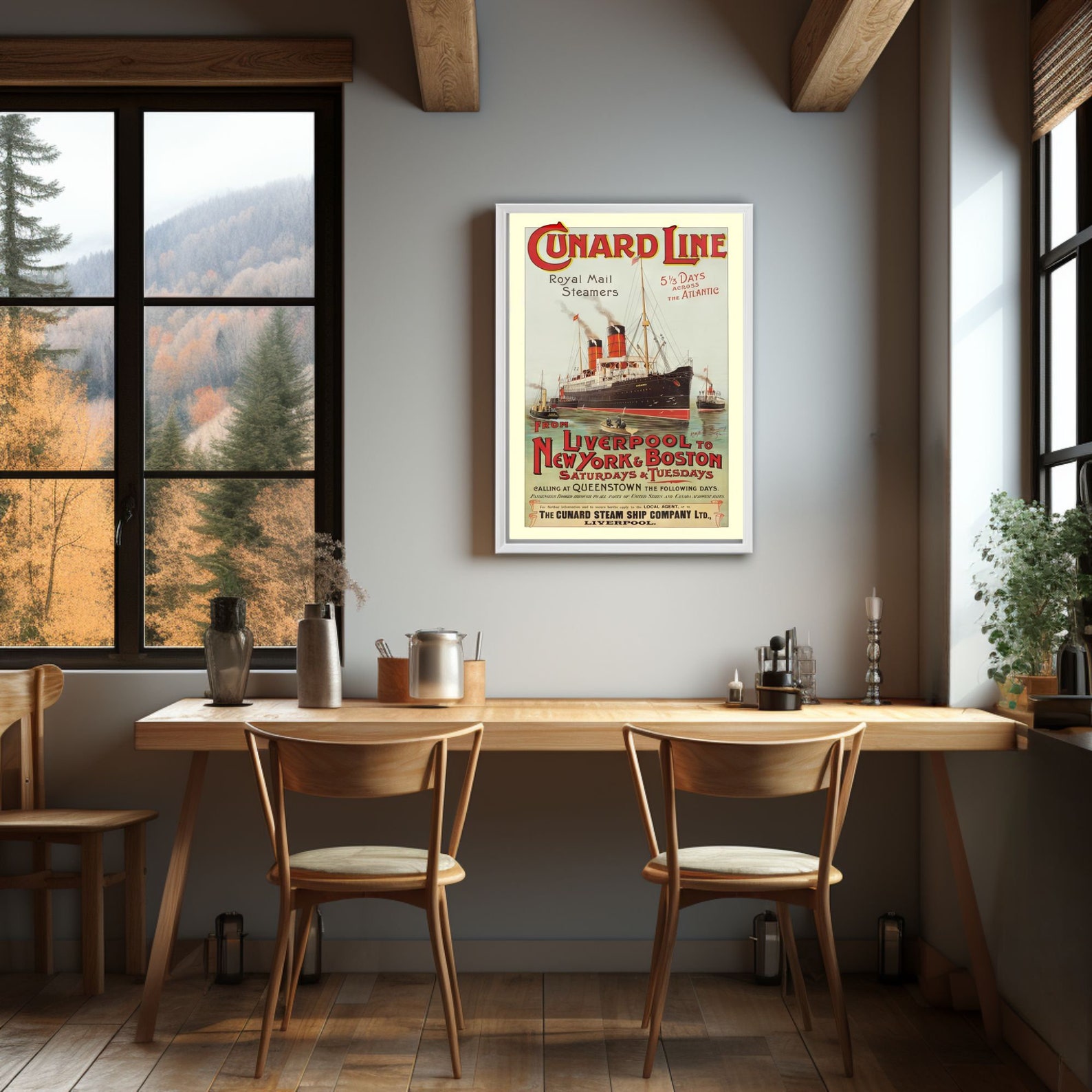 Vintage Cunard Line Travel Poster, New York to Boston Steamship, Retro ...