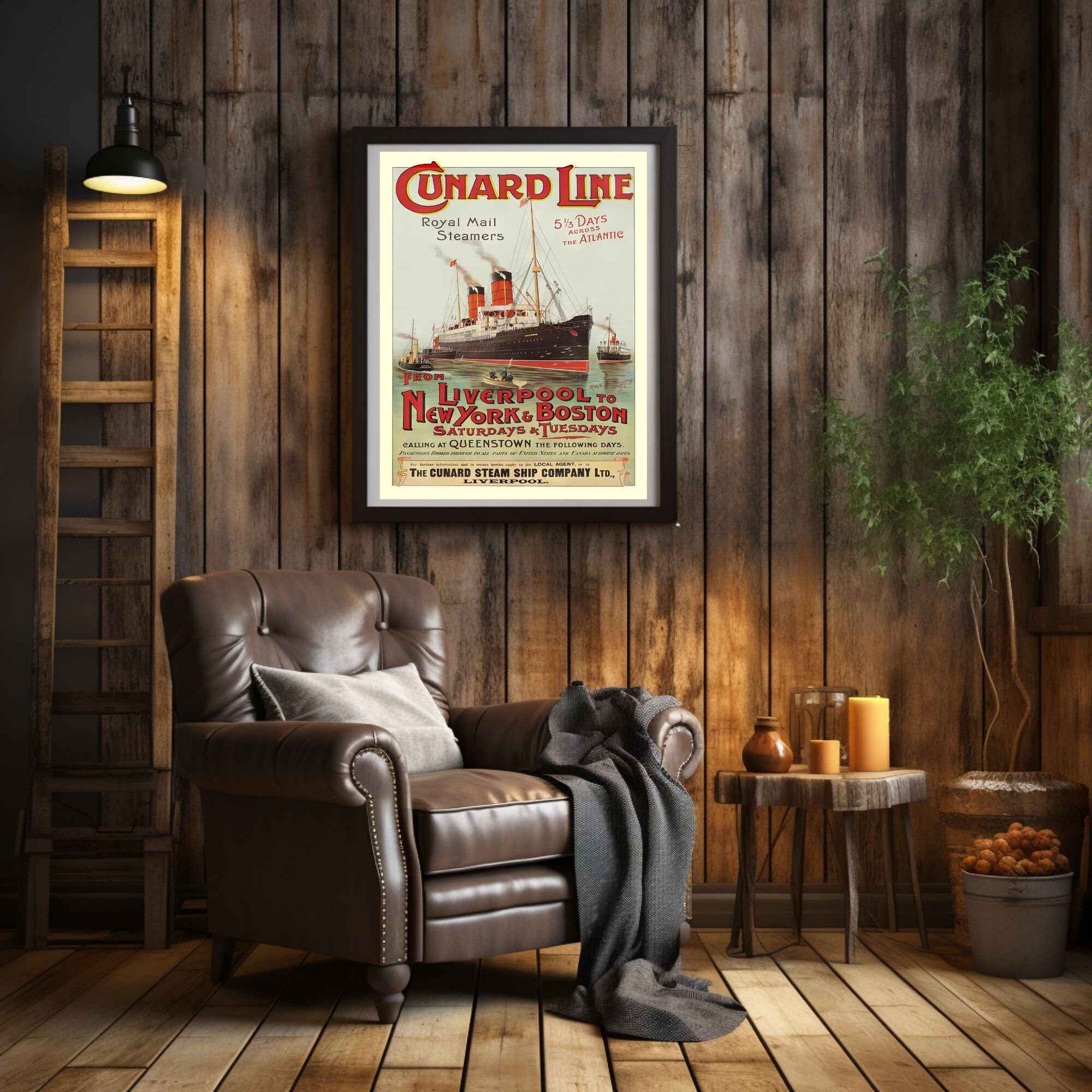 Vintage Cunard Line Travel Poster, New York to Boston Steamship, Retro ...